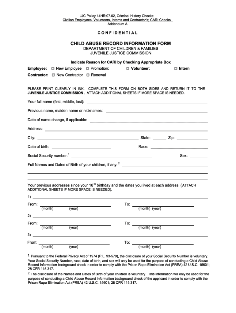 Fillable Online CHILD ABUSE RECORD INFORMATION FORM - CARI.pdf Fax ...