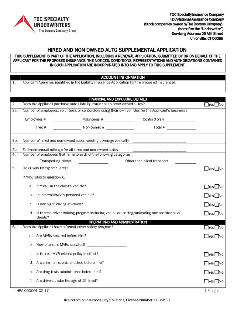 Fillable Online HIRED AND NON OWNED AUTO SUPPLEMENTAL APPLICATION Fax ...
