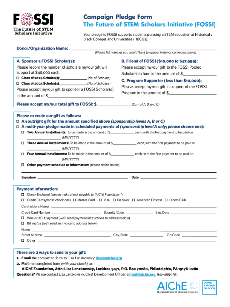 Fillable Online Campaign Pledge Form The Future of STEM Scholars Initiative ... Fax Email Print ...
