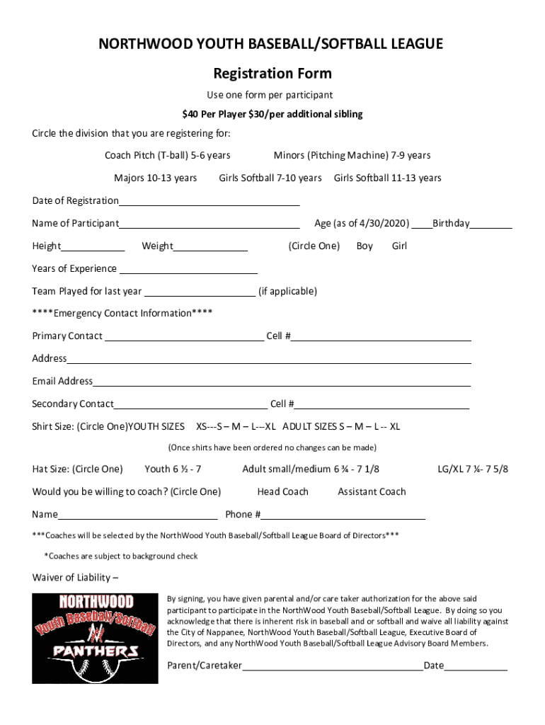 Fillable Online Youth Baseball/Softball Fall Registration Form 2023 Fax ...