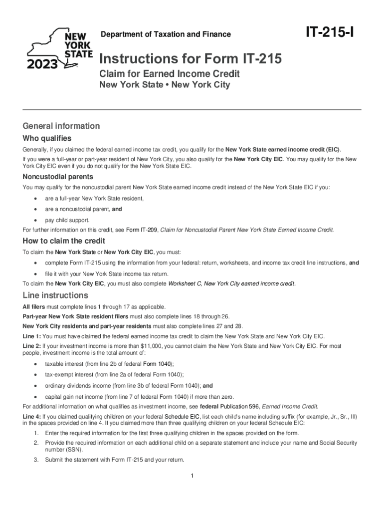 Fillable Online Instructions for Form IT-215, Claim for Earned Income ...