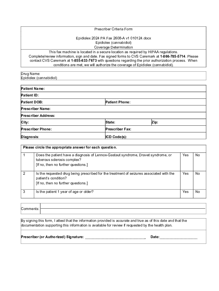 Fillable Online Epidiolex 2024 PA Fax 2608-A v1 010124. Prescriber ...