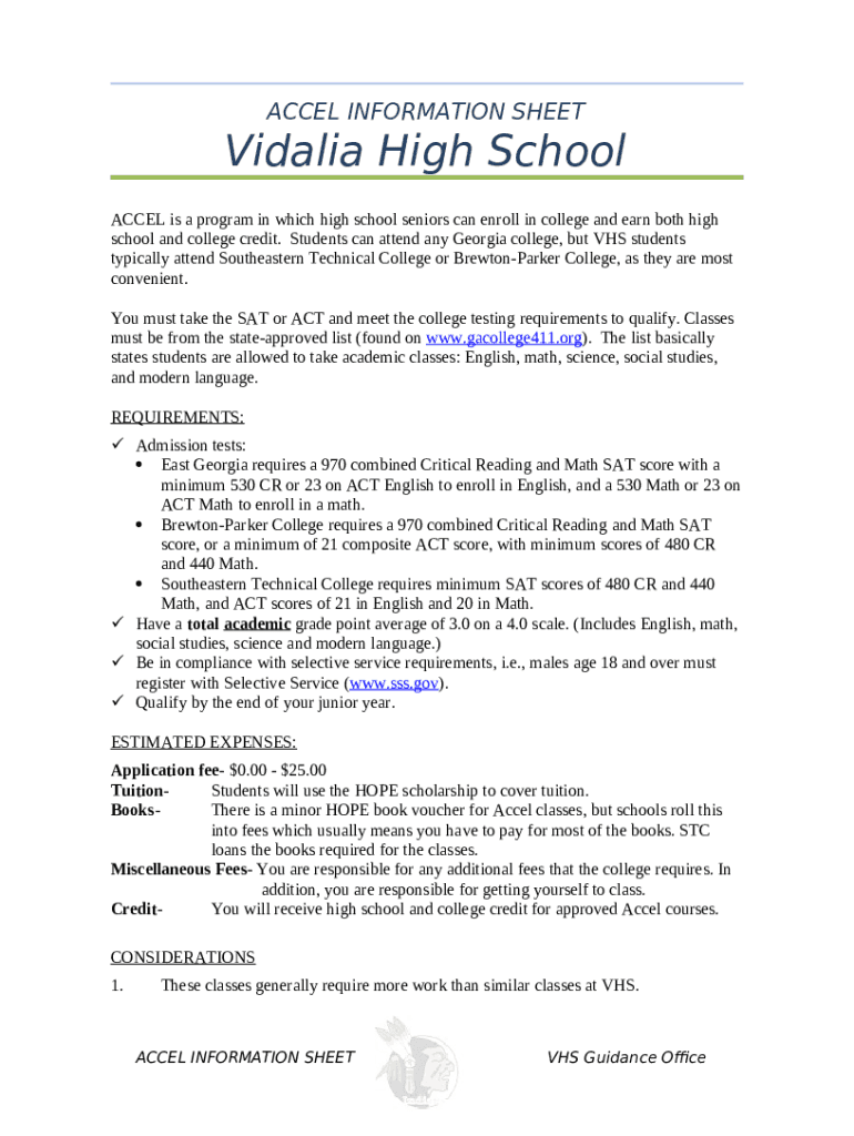 ACCEL INATION SHEET Vidalia High School Doc Template | pdfFiller