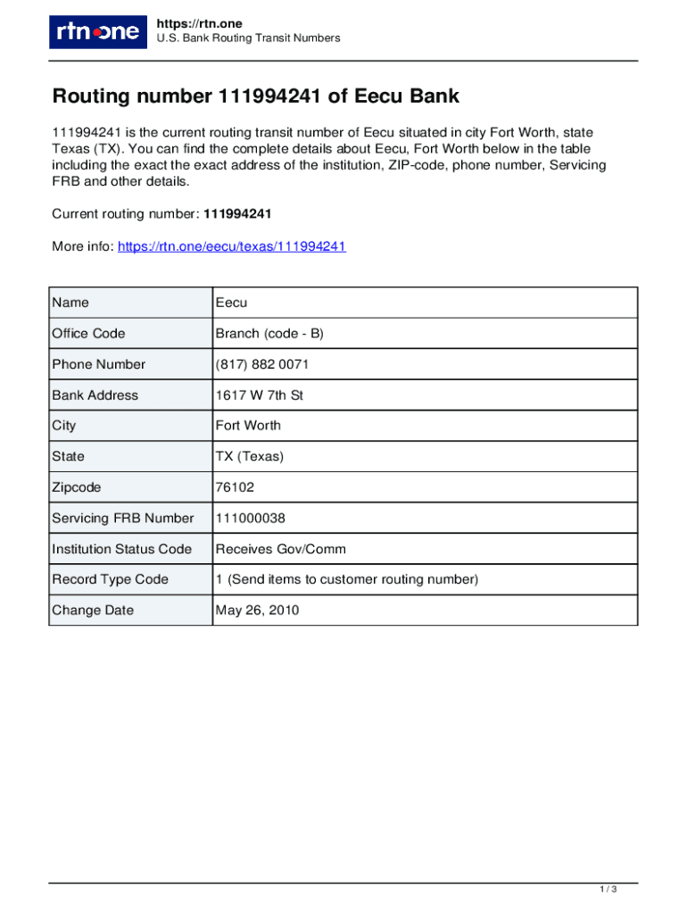 Fillable Online 111994241Routing Number of Eecu in Fort Worth. Routing ...