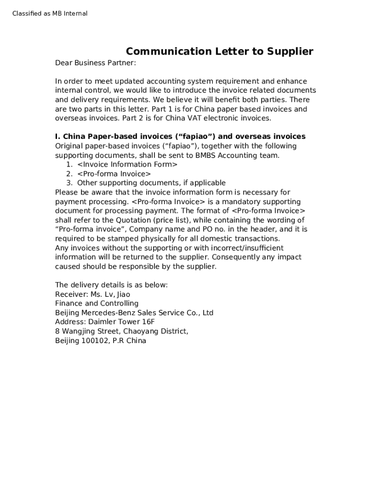 Communication Letter to Supplier Doc Template | pdfFiller