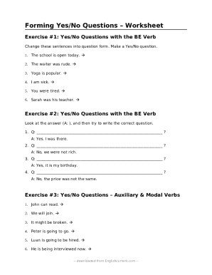 Worksheet Exercise #1: Yes/No Questions with the BE Verb Doc Template | pdfFiller