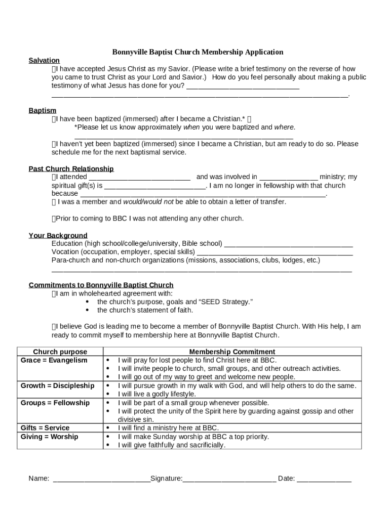 Bonnyville Baptist Church Membership Application Doc Template | pdfFiller