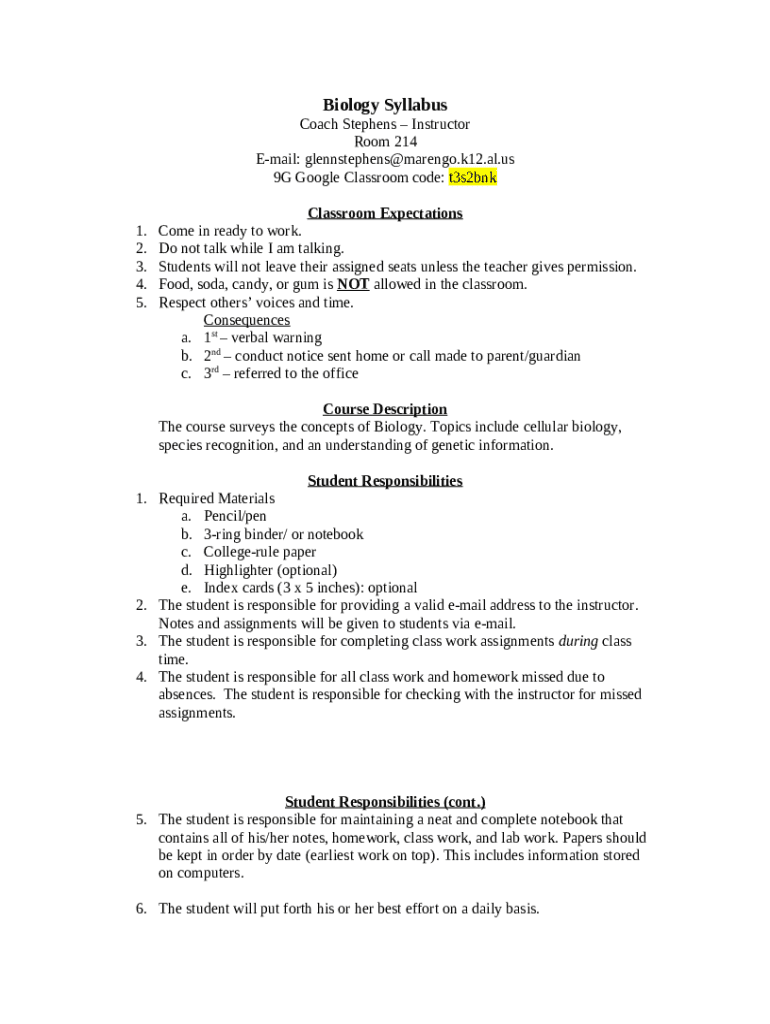 Biology Syllabus & Class Expectations - Connect Suite Doc Template ...