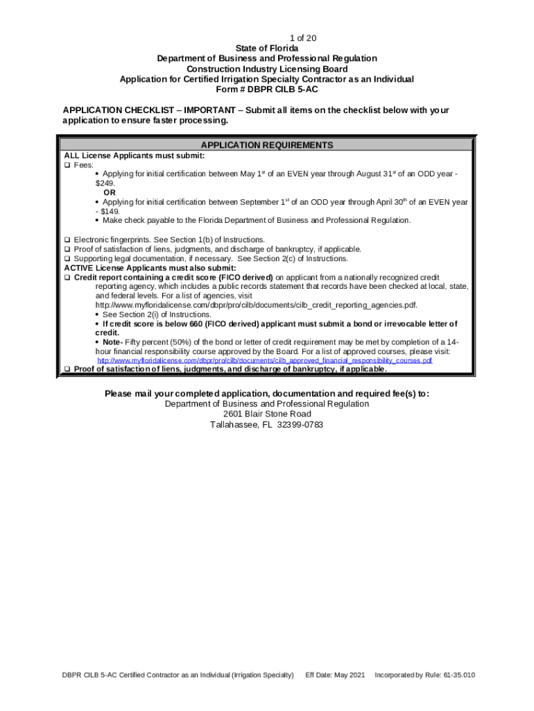DBPR CILB 5-AC - Certified Contractor as an Individual (Irrigation) Doc ...