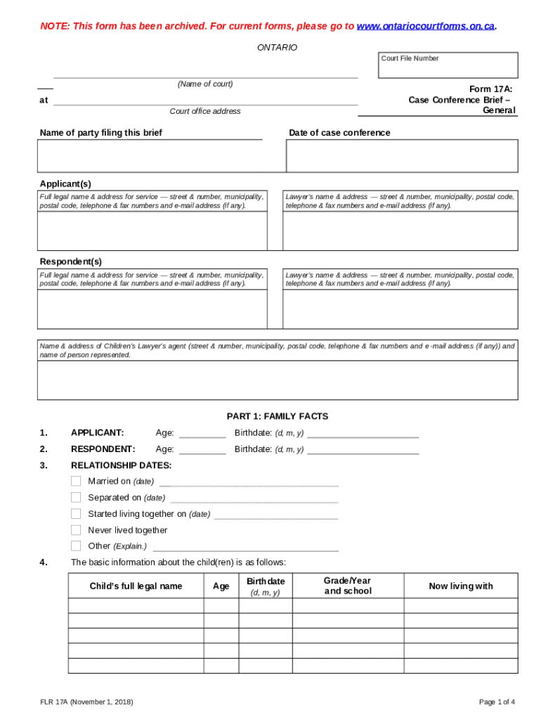 Get ONTARIO At 17A: Case Conference Brief - ontariocourts on Doc ...
