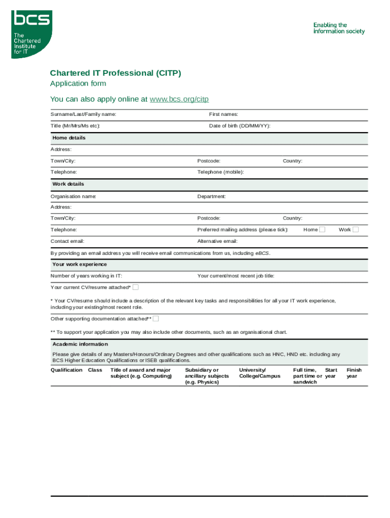 Chartered IT Professional (CITP) Application Doc Template | pdfFiller