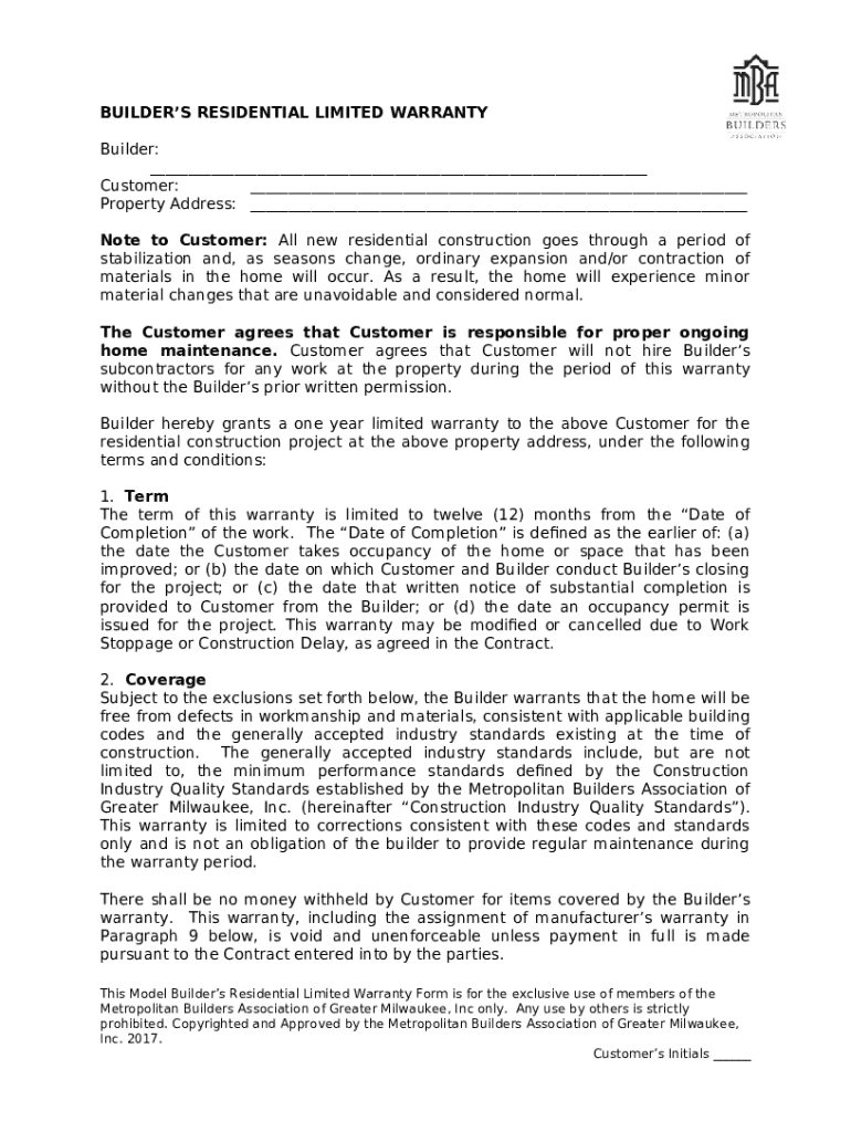 builder/buyer warranty agreement - JAB Construction Doc Template | pdfFiller
