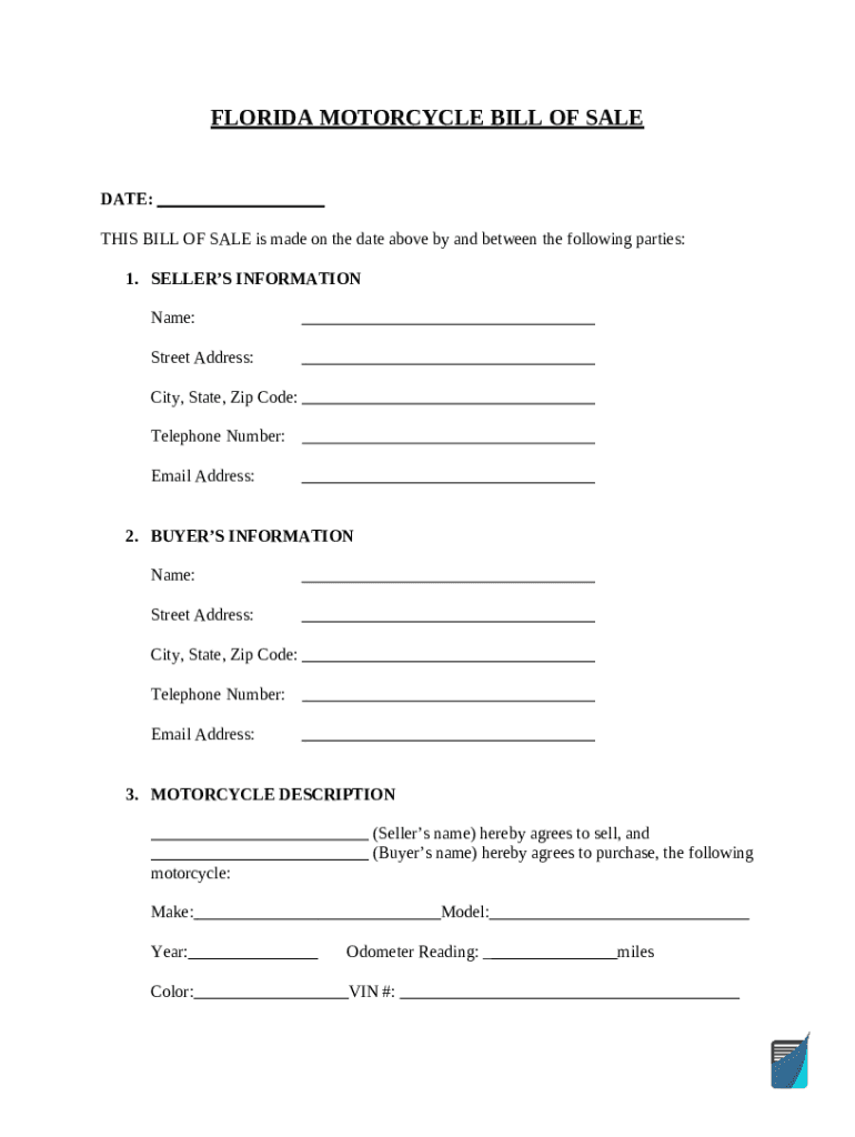Free Florida Motorcycle Bill of Sale Template s Doc Template | pdfFiller