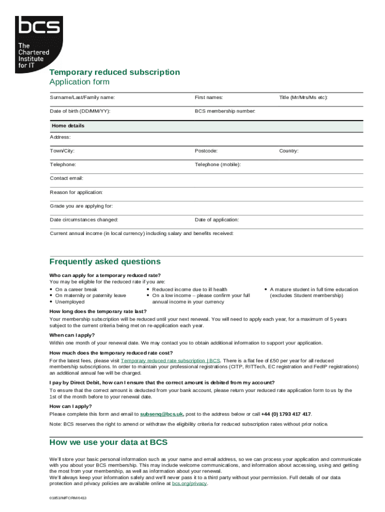 Temporary reduced subscription Application Doc Template | pdfFiller