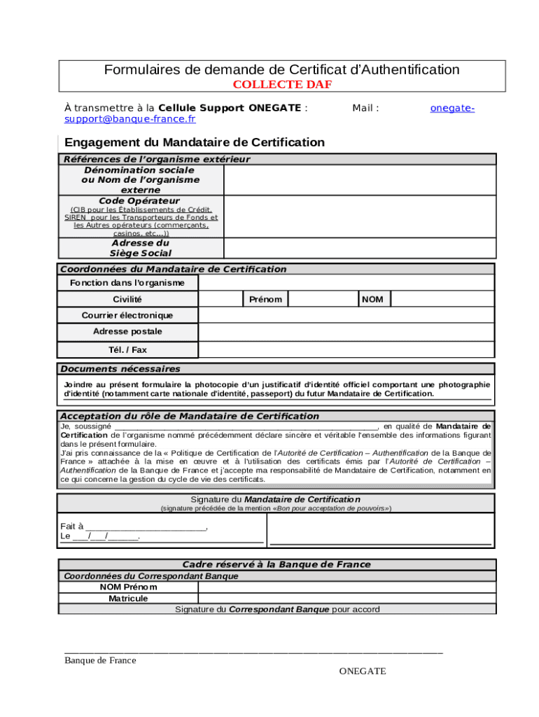 ulaire de demande de Certificat d'Authentification Doc Template | pdfFiller