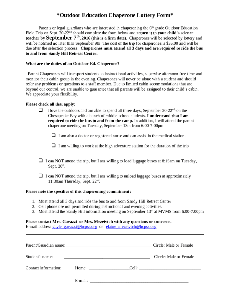 Outdoor Education Chaperone Lottery - mvms hcpss Doc Template | pdfFiller