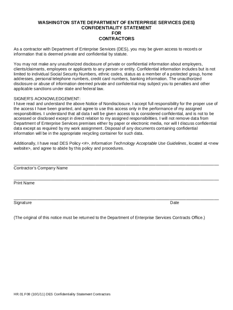 Confidentiality Statement for Contractors - des wa Doc Template | pdfFiller