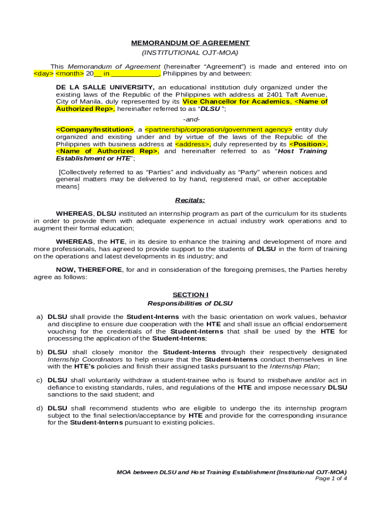 internship-memorandum-of-agreement-between-student- ... Doc Template | pdfFiller