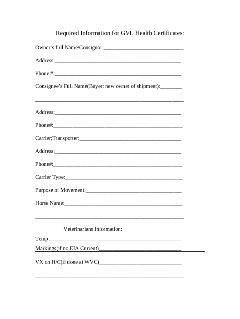 Can I download a for a health certificate from GVL and ... Doc Template ...