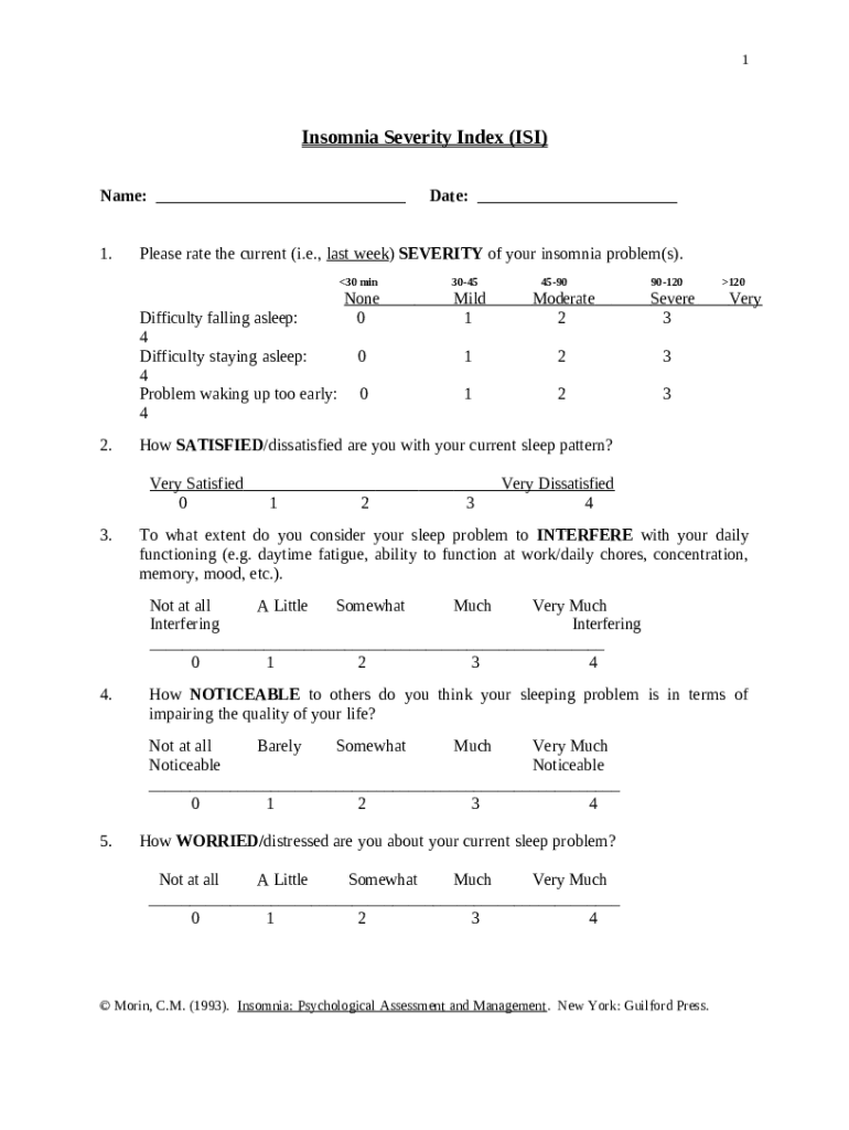 Epworth Sleepiness Scale: The Insomnia Severity Index Doc Template ...