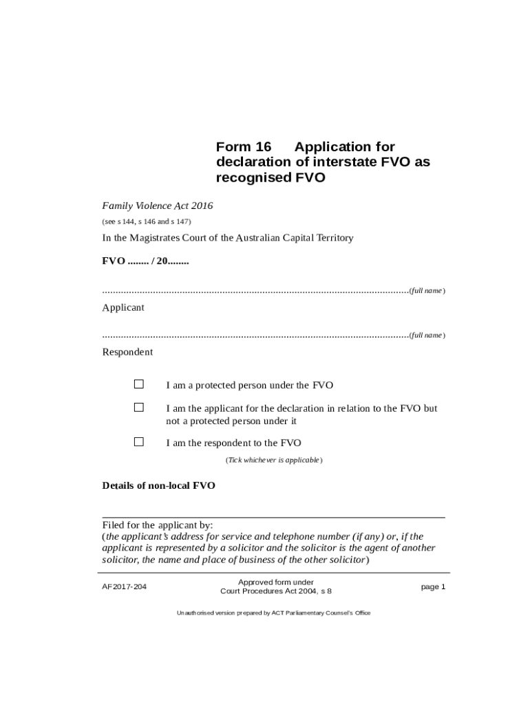 Application for declaration of interstate FVO as recognised FVO. 16 Doc Template | pdfFiller