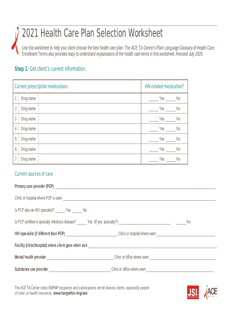 Health Care Plan Selection Worksheet Doc Template | pdfFiller