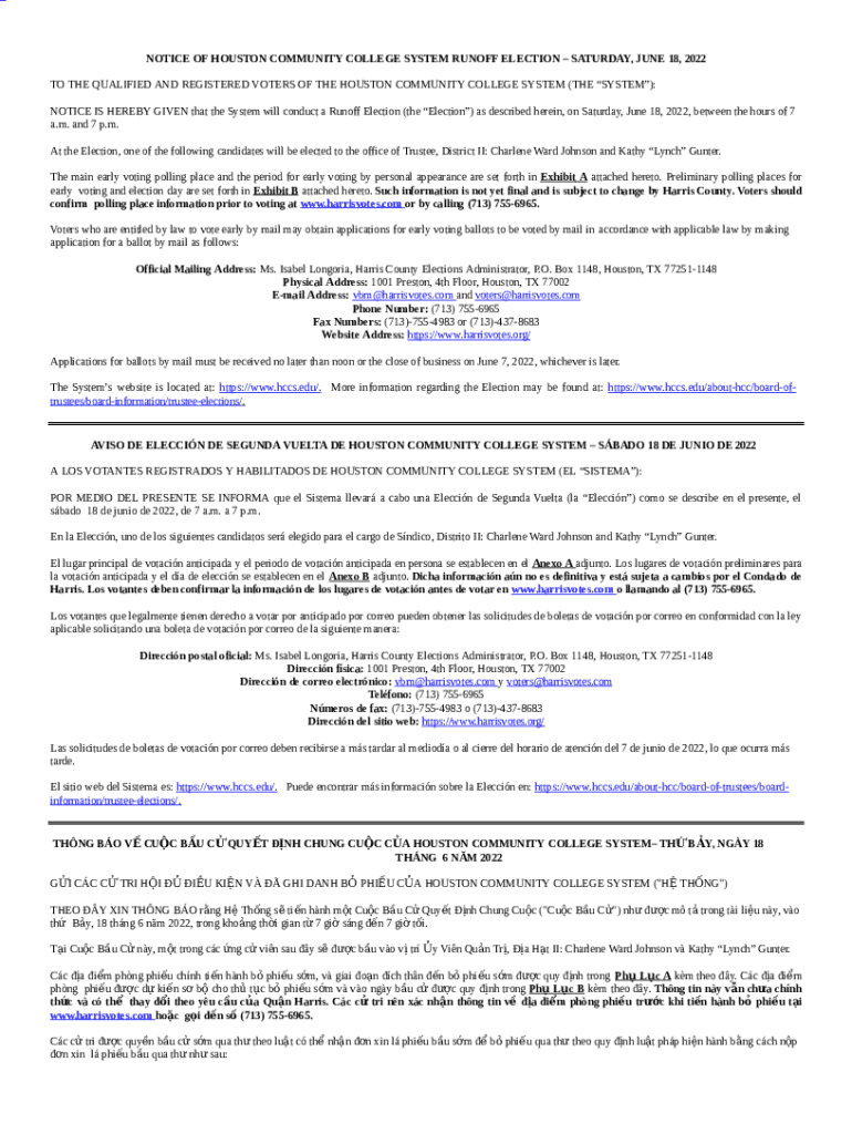 notice of houston community college system runoff election Doc Template ...