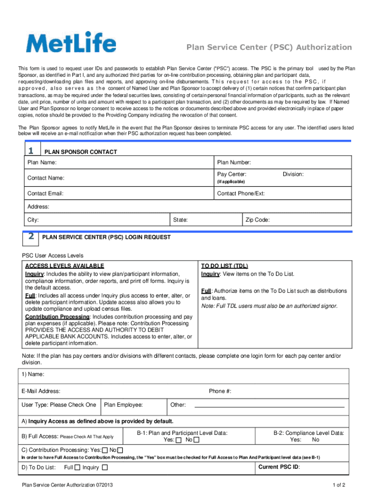 Fillable Online Plan Service Center (PSC) Authorization Fax Email Print - pdfFiller