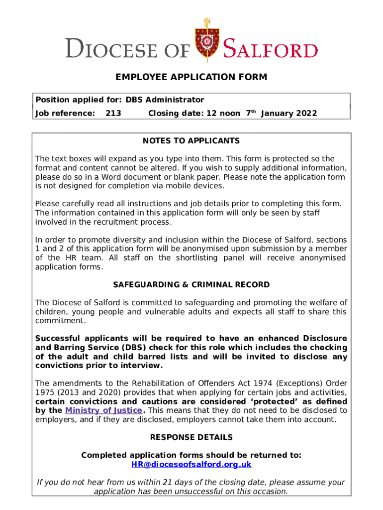 Job Title: DBS Administrator Department: Safeguarding ... Doc Template | pdfFiller