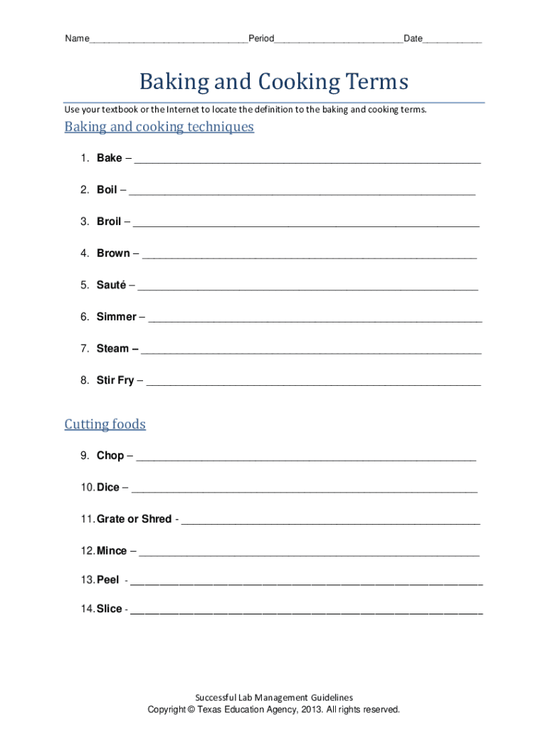 Fillable Online Handout - Baking and Cooking Terms. Human Services Fax ...