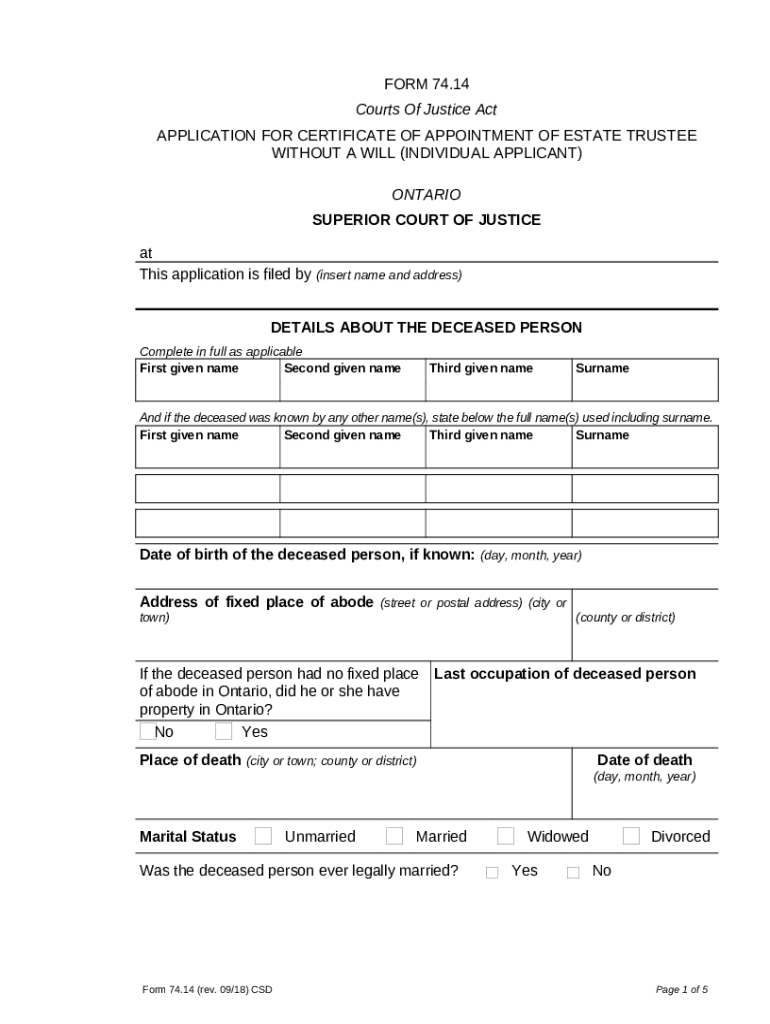 74.14: Application For Certificate Of Appointment Of Estate ...