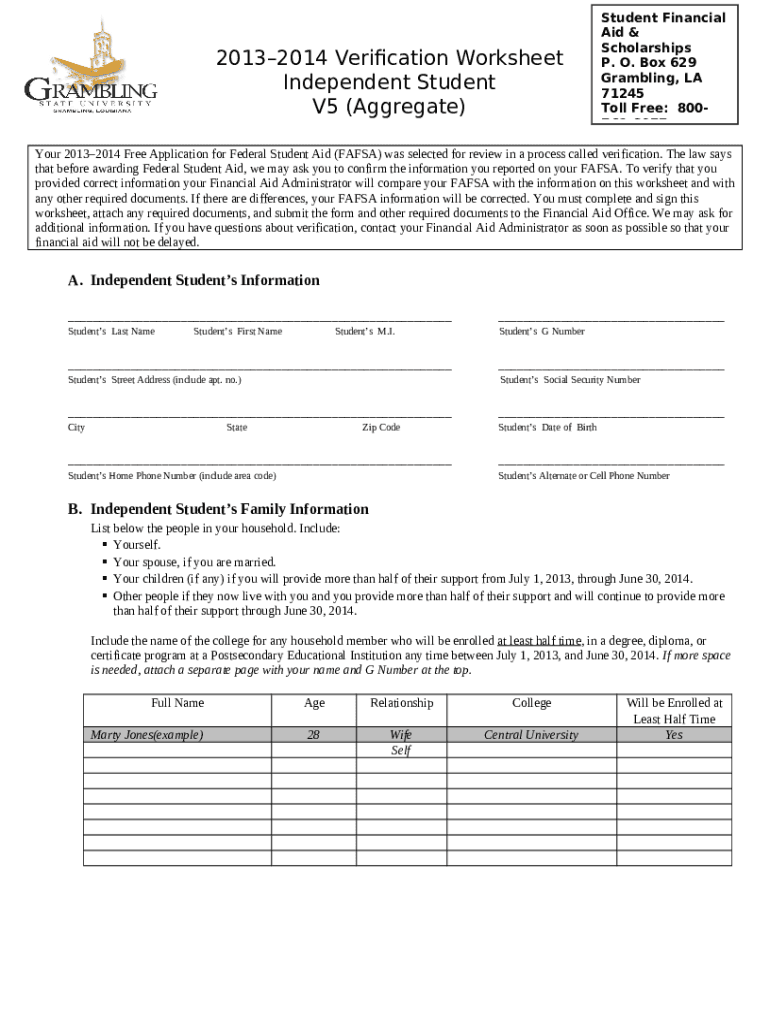 20132014 Verification Worksheet Independent Student ... Doc Template | pdfFiller