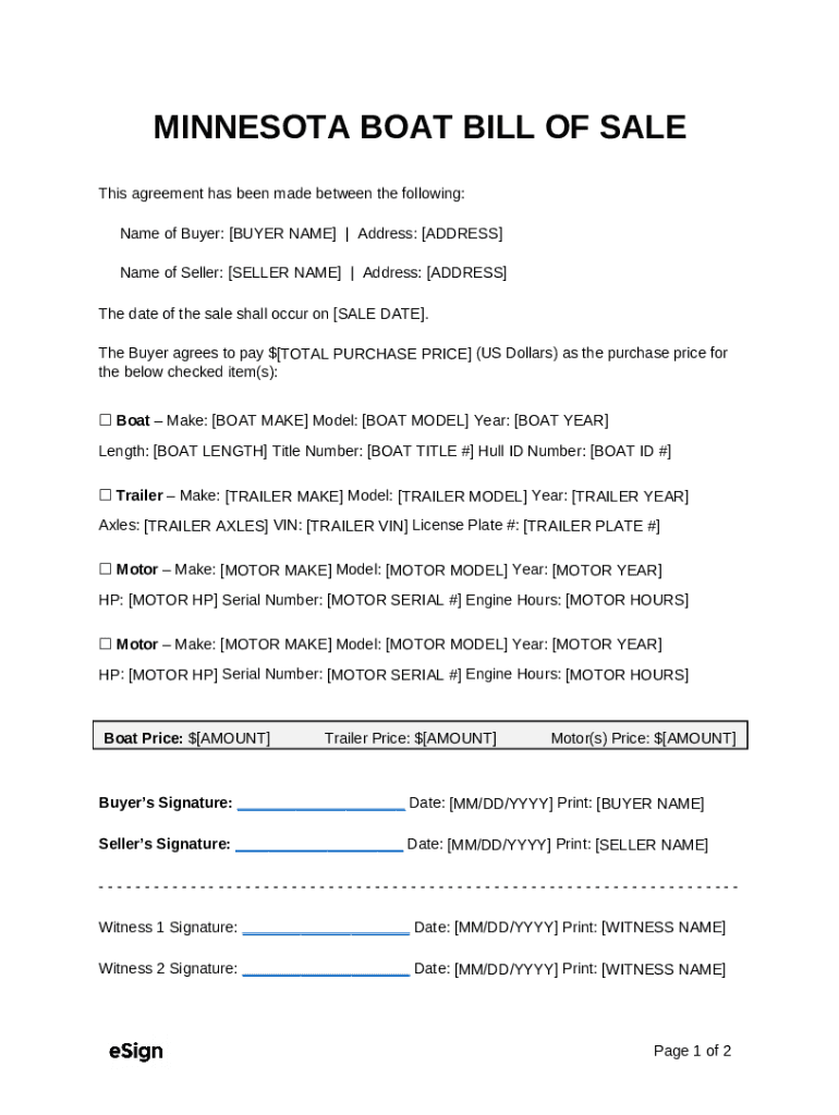 Free Minnesota Boat Bill of Sale PDFWord (.doc) Doc Template | pdfFiller