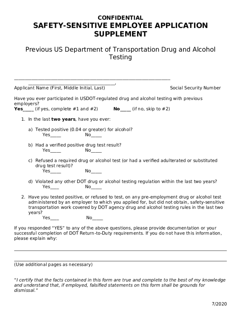 Safety-Sensitive Employee Application Supplement Doc Template | pdfFiller