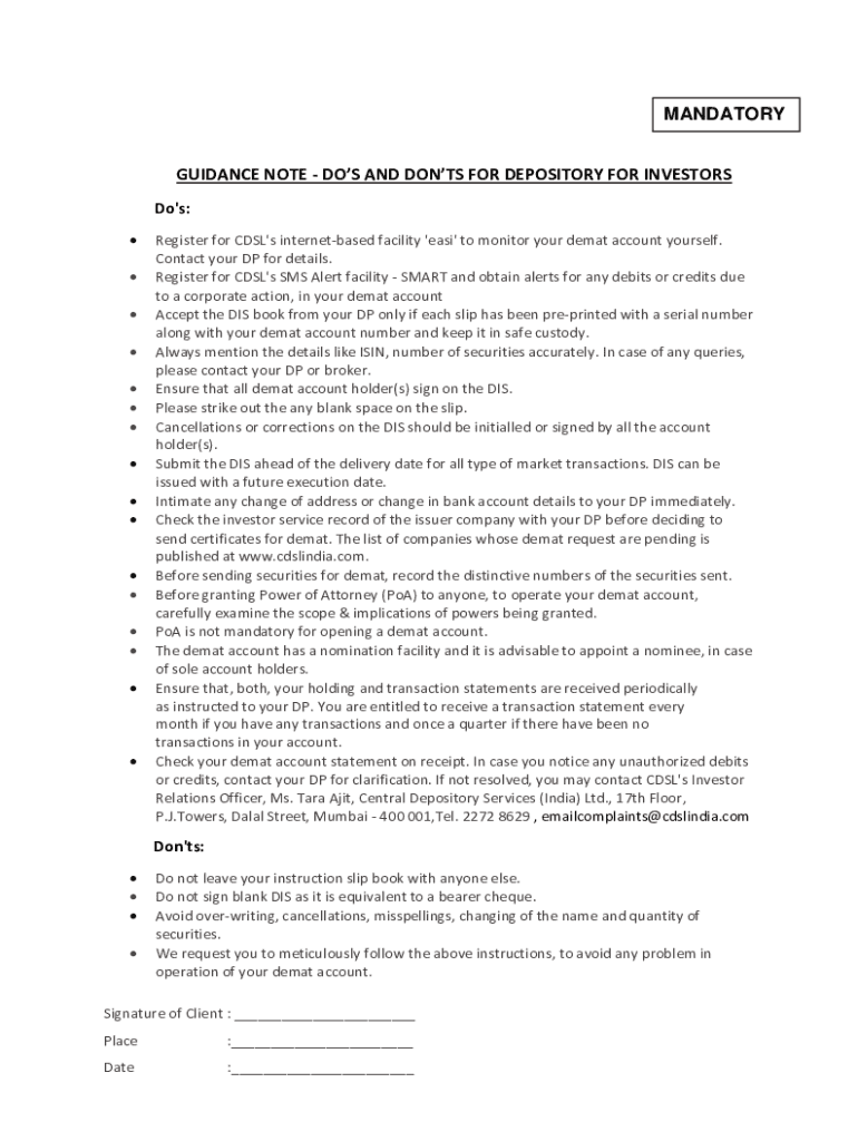 Fillable Online DO'S AND DON'TS FOR DEPOSITORY FOR INVESTORS Fax Email ...