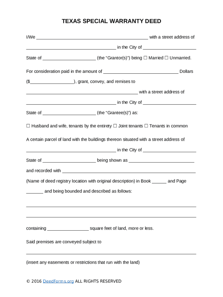 Get State Bar Of Texas Special Warranty Deed Doc Template | pdfFiller