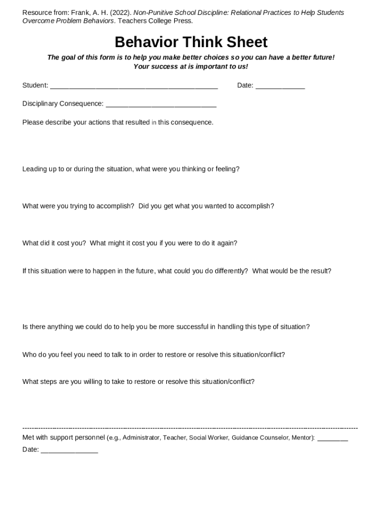 Free Behavior Think Sheet TemplateArticle Doc Template | pdfFiller
