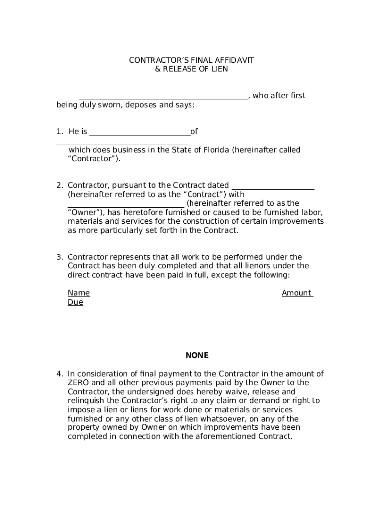 Contractor's Affidavit for Final Payment Doc Template | pdfFiller