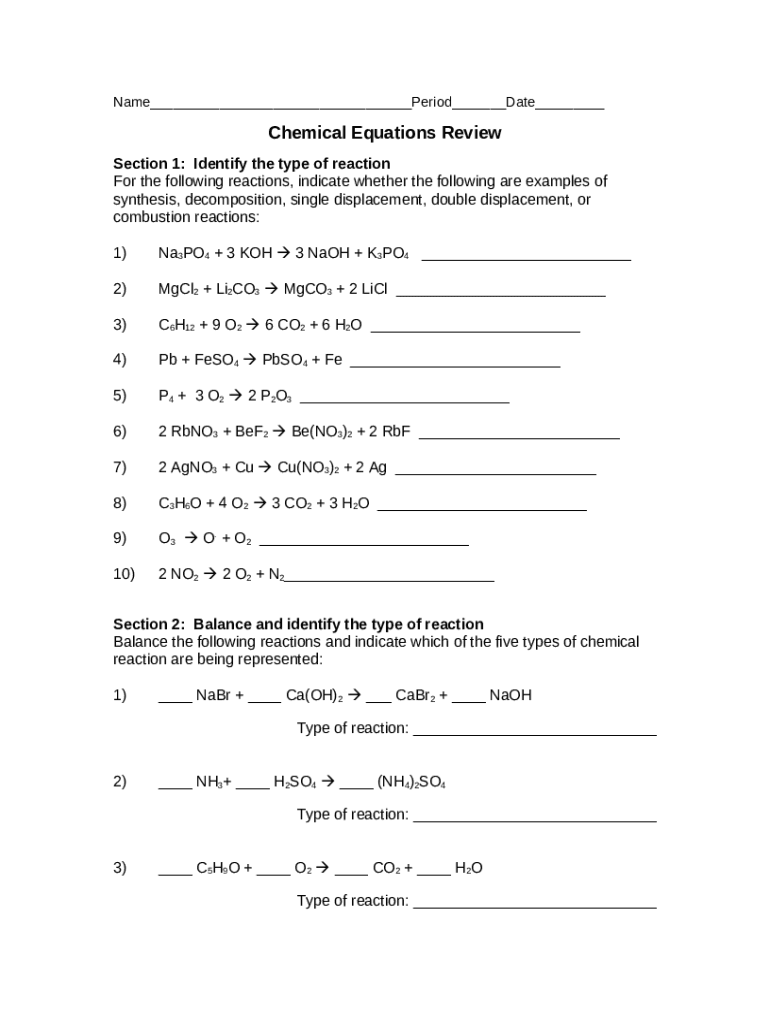 Balancing Chemical Equations Sheet Doc Template | pdfFiller
