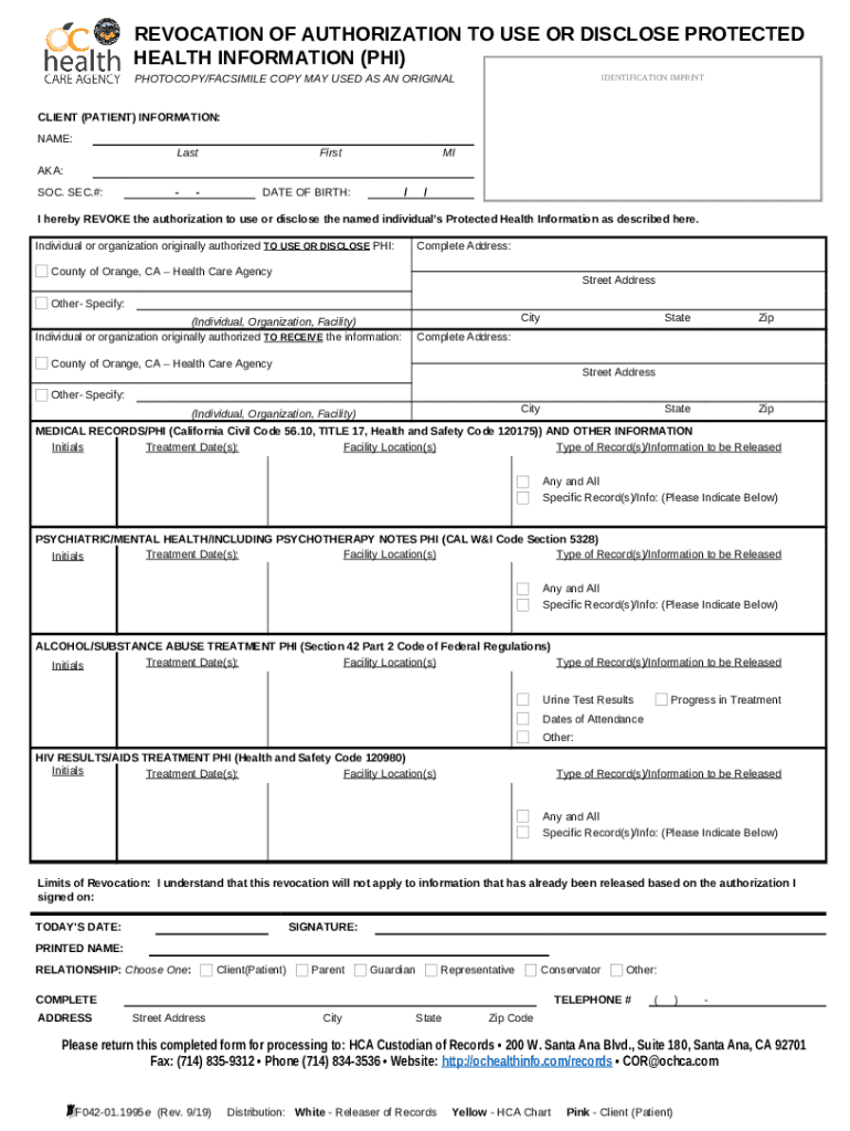 REVOCATION OF AUTHORIZATION TO USE OR DISCLOSE PROTECTED HEALTH INATION (PHI) Doc Template ...
