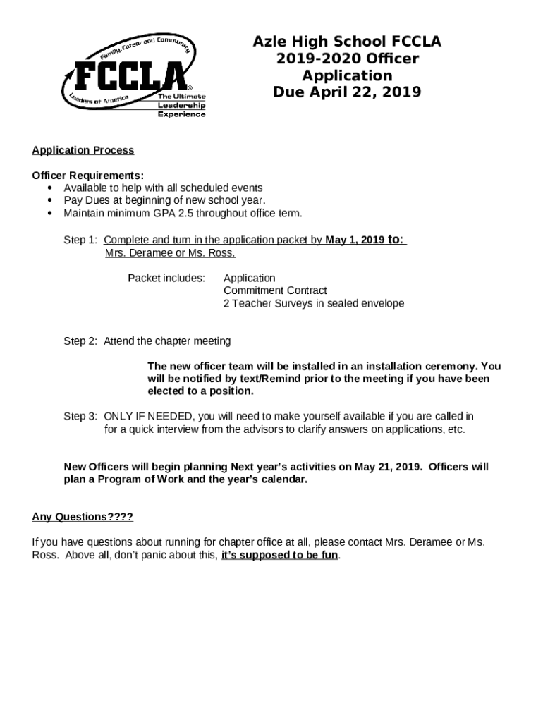 Azle FCCLA Officer Application with duties. Doc Template | pdfFiller