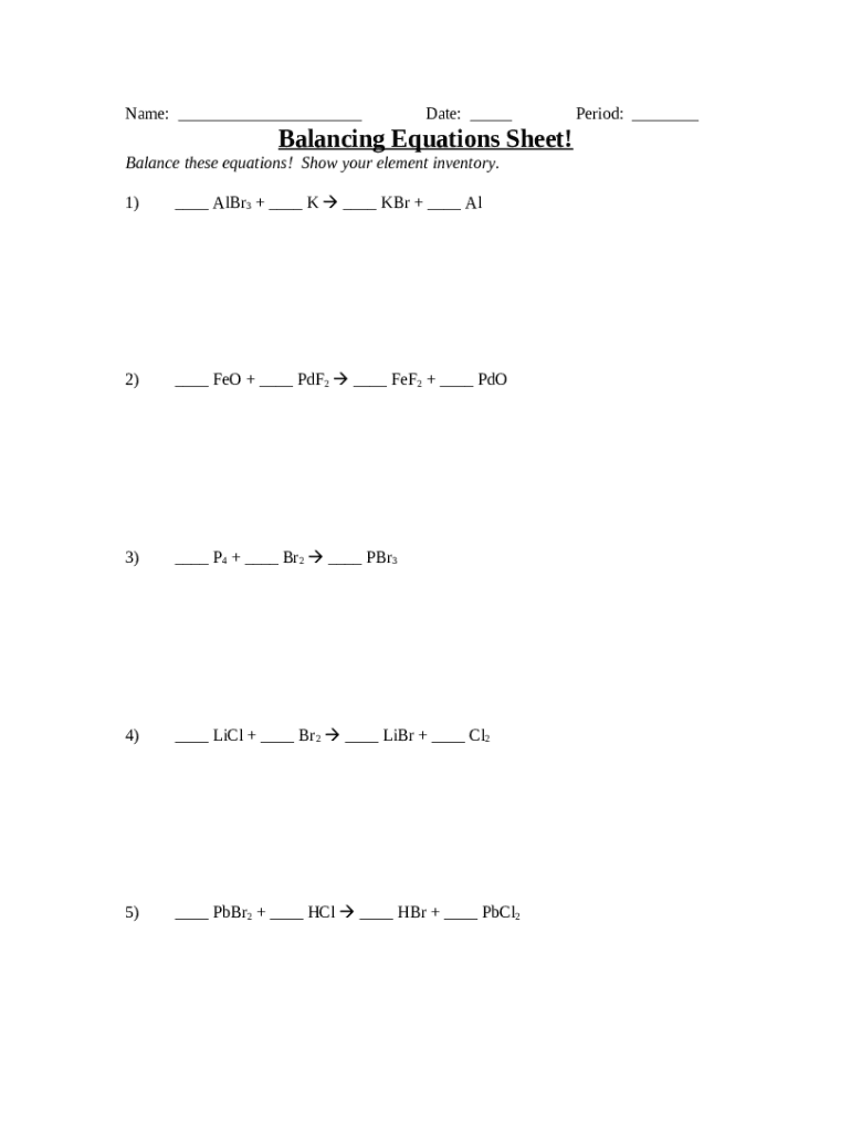 Another Balancing Equations Sheet Doc Template | pdfFiller
