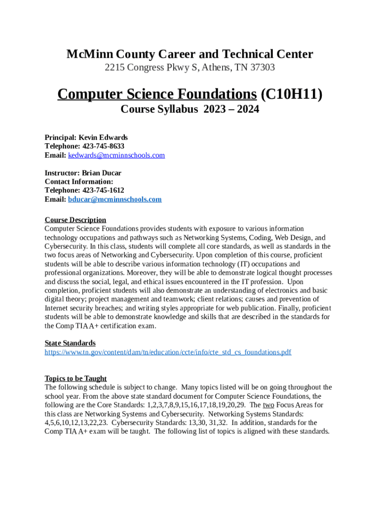 Computer Science Foundations Syllabus Ducar Doc Template | pdfFiller