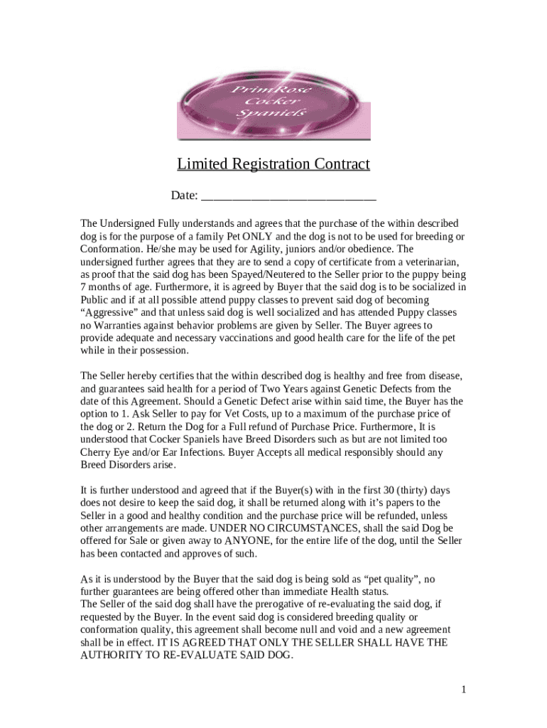 Puppy Purchase Agreement/Non Breeding Contract Doc Template | pdfFiller