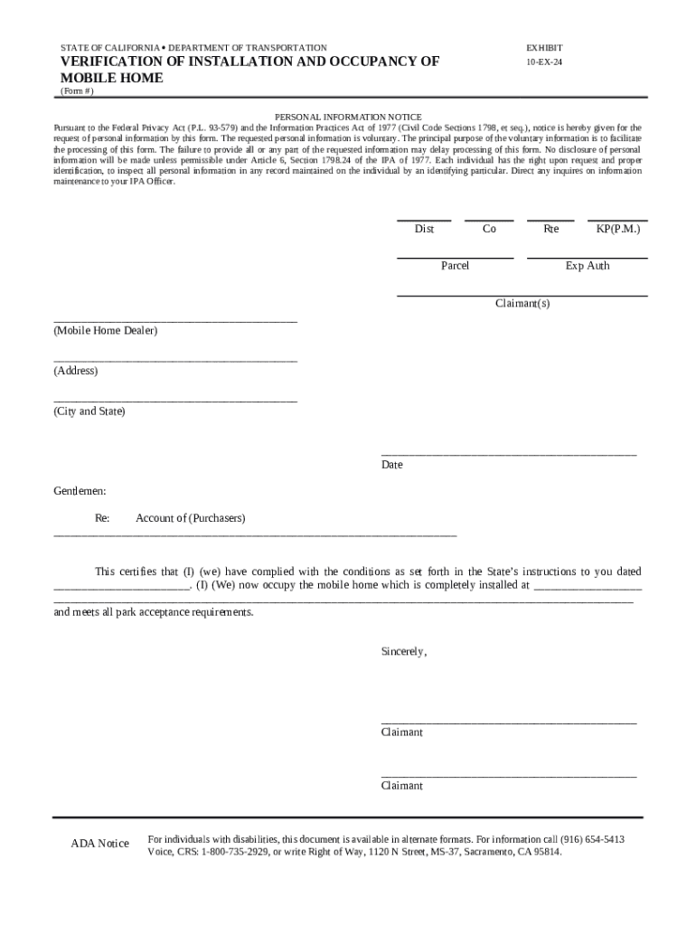 VERIFICATION OF INSTALLATION AND OCCUPANCY OF MOBILE HOME - dot ca Doc ...