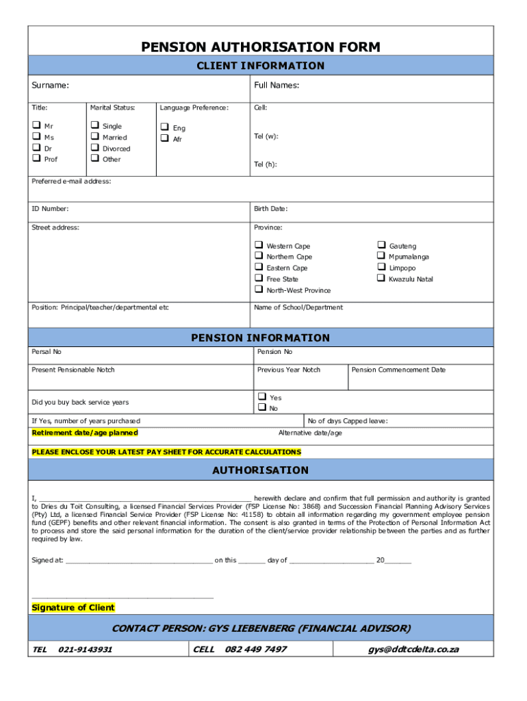 Pension Authorisation Form - Blank Fillable Template | Fill Out, Print ...