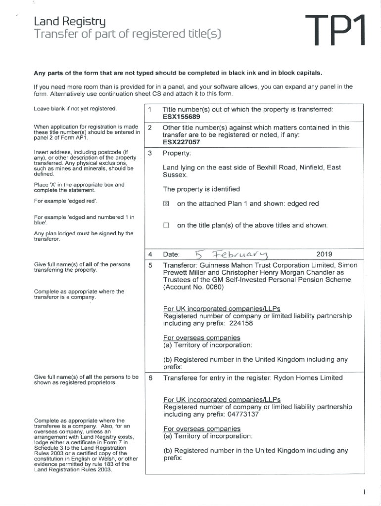 Fillable Online Form TP1 - Transfer of part of registered title(s ...