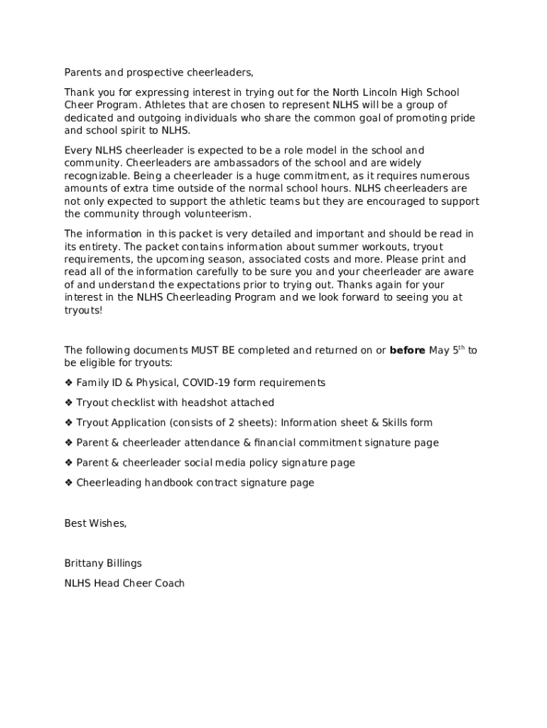 Cheerleading - North Lincoln High School Doc Template | pdfFiller