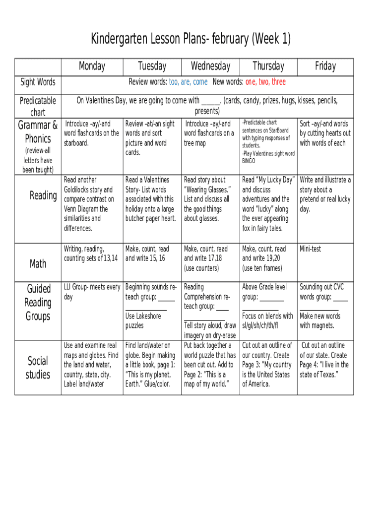 Fun Valentine's Day Unit for Kindergarten Doc Template | pdfFiller