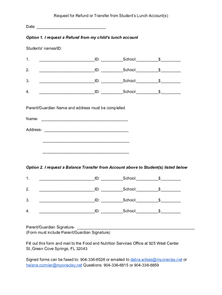 Fillable Online Request for Refund or Transfer from Student's Lunch ...